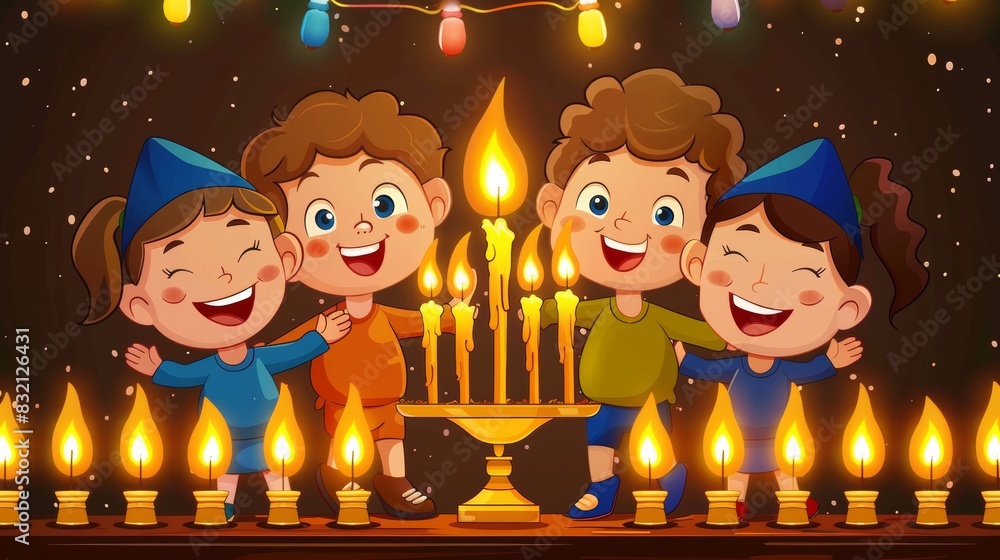 Cartoon children playing with dreidels next to a fully lit menorah ...
