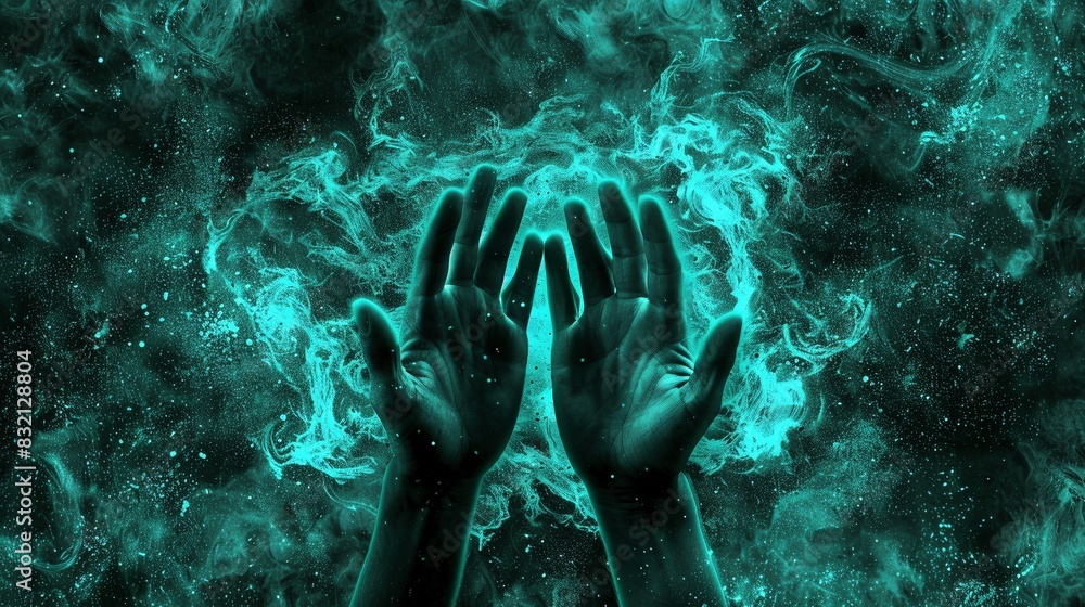 Ethereal hands cupped upwards, radiating turquoise light against a ...