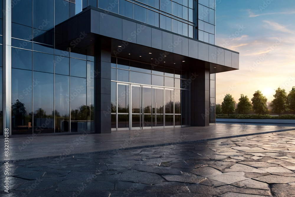 Entrance to modern office building of business city with automatic ...
