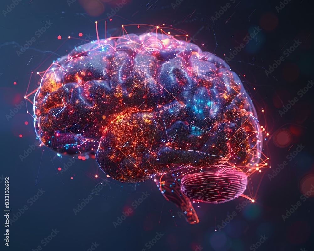 Develop an engaging visual featuring a magnified side view of a brain, revealing highlighted ...