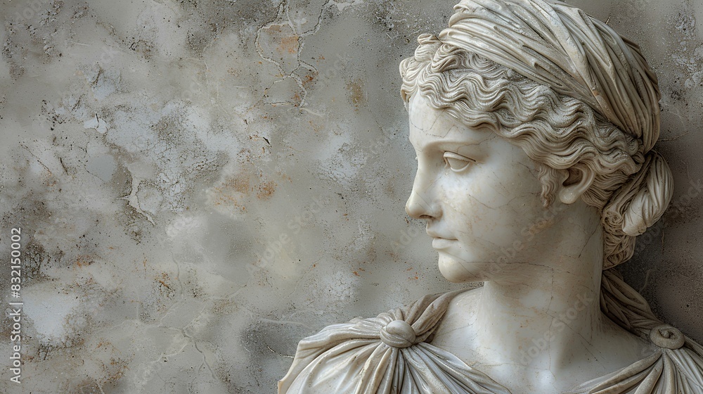 Marble statue of a beautiful Ancient Greek woman posing in front of a ...