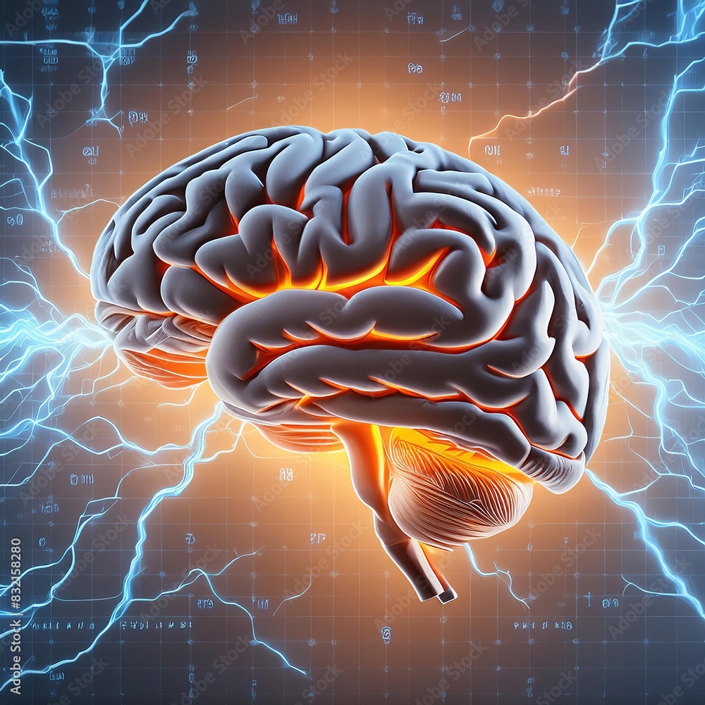 Generated image of a human brain with electrical neural activity ...