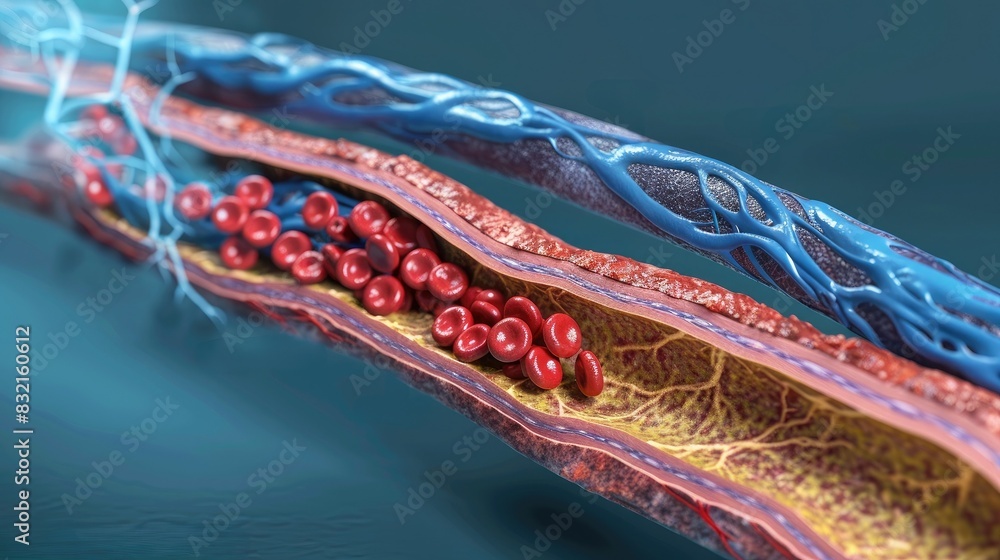 3D rendering of blood vessel cross-section showing red blood cells ...