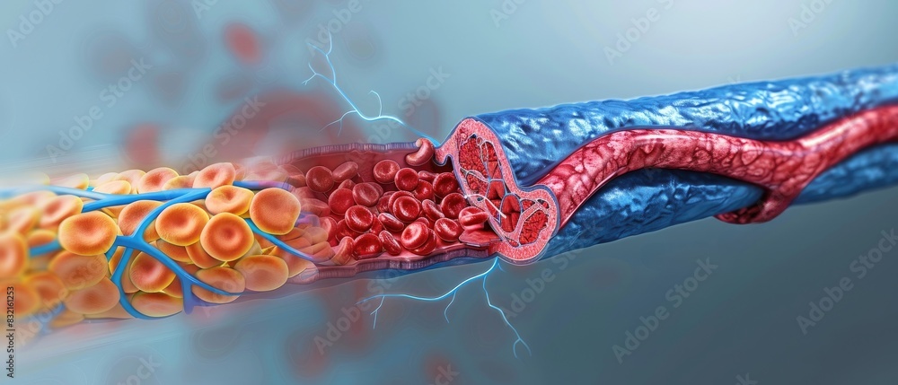 Detailed 3D rendering of a blood vessel with atherosclerosis, showing ...