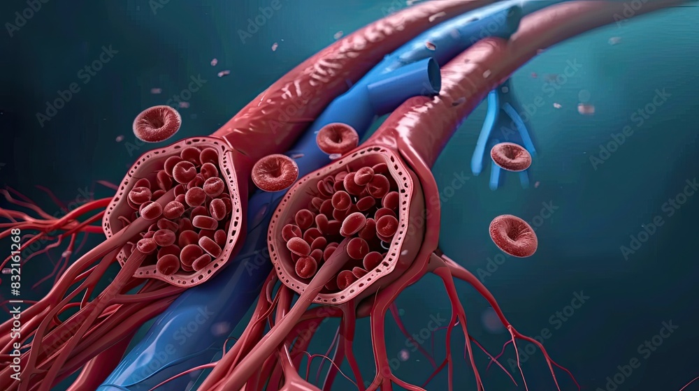 Detailed 3D rendering of blood vessels and red blood cells ...