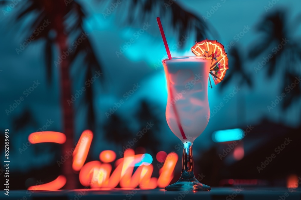 Tropical pina colada on bar counter with neon signs and palm trees ...