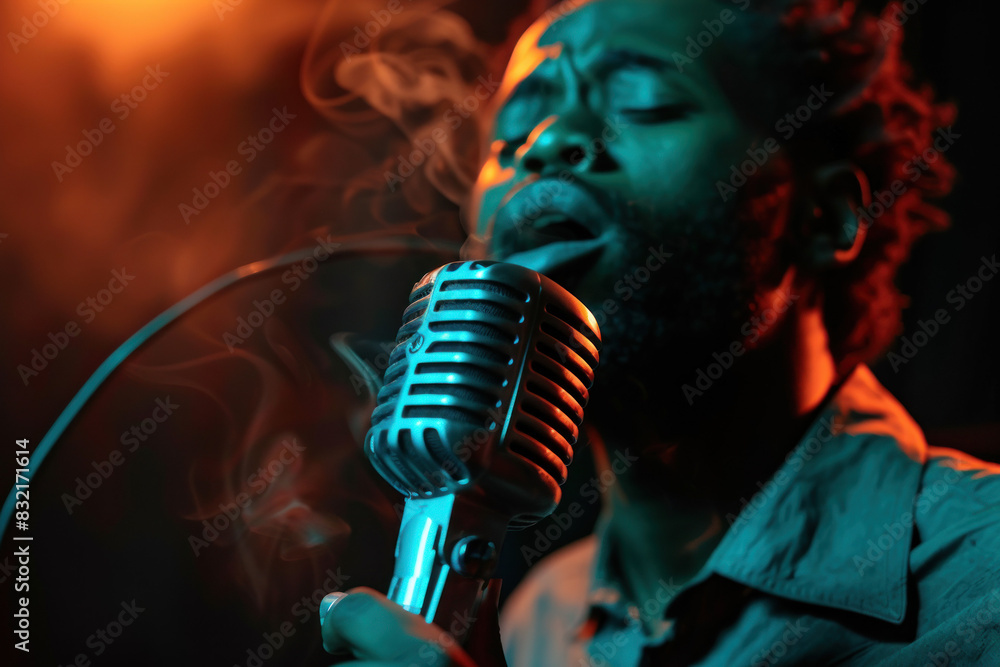 Artistic Portrait of Singer with Vintage Microphone, Celebrate the ...