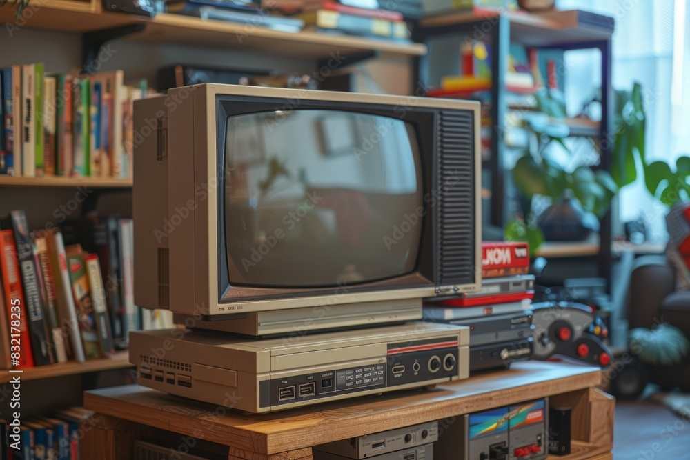 Retro gaming setup with CRT TV and console, living room background ...