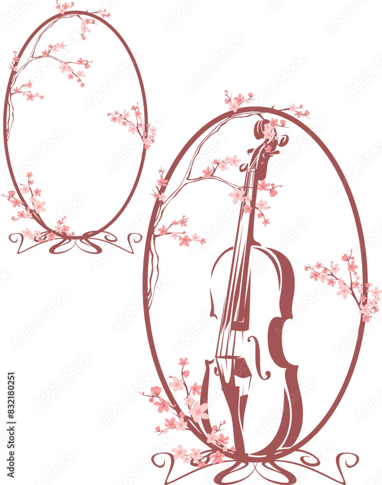 violin inside oval frame decorated with blooming sakura tree flower ...