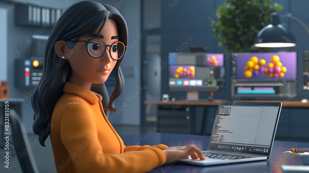 3D woman character focused on her laptop, with an office background ...
