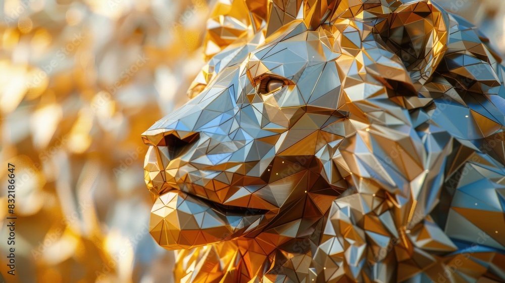Captivating low poly polygonal lion statue with a whirl of golden ...