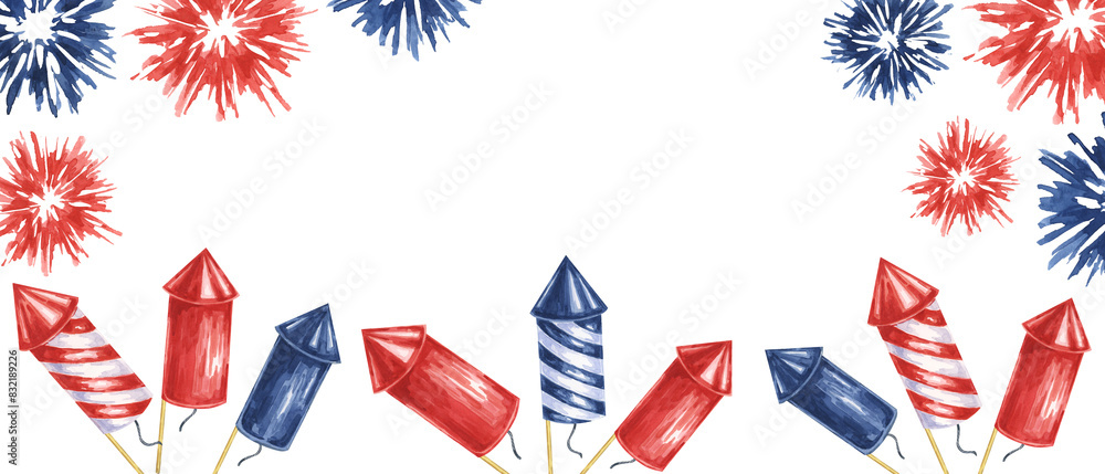 Fourth of July banner. Red, Blue firecrackers and fireworks bursts ...