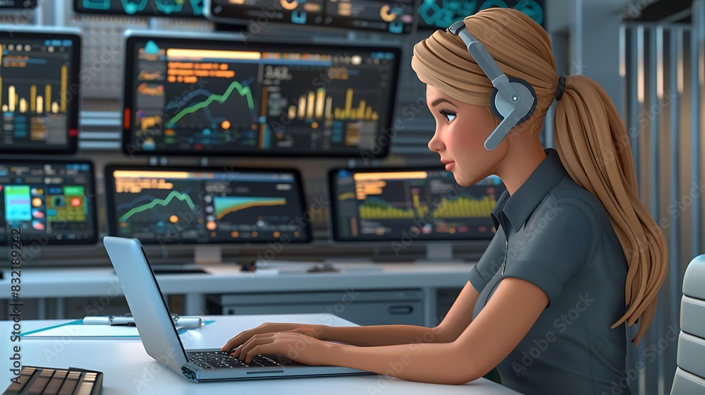 3D woman character typing on a laptop, with an office background ...