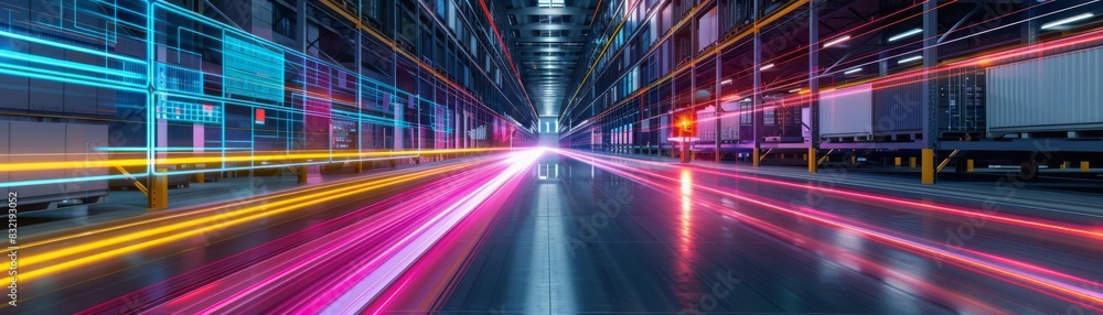 Contemporary logistics hub with vibrant light trails and holographic ...