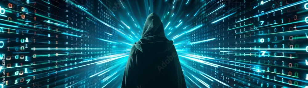 Cyber vigilante in action A shadowy figure cloaked in a hood ...
