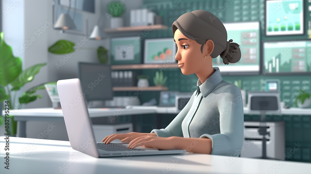 3D woman character typing on a laptop, with an office background ...