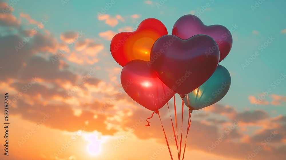 Heart-shaped balloons flying in sunset sky, colors transitioning ...