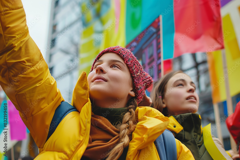 modern youth-led protest, digital signs, eco-friendly messages, city ...