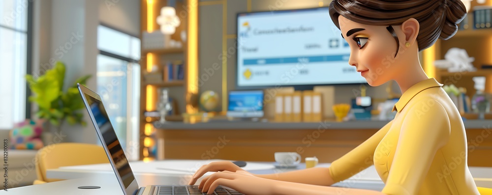 3D woman character typing on a laptop, with an office background ...