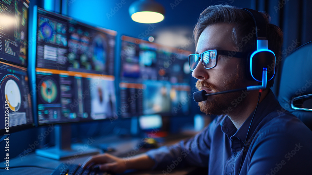 IT support specialist in a modern studio, engaged with customers via a ...