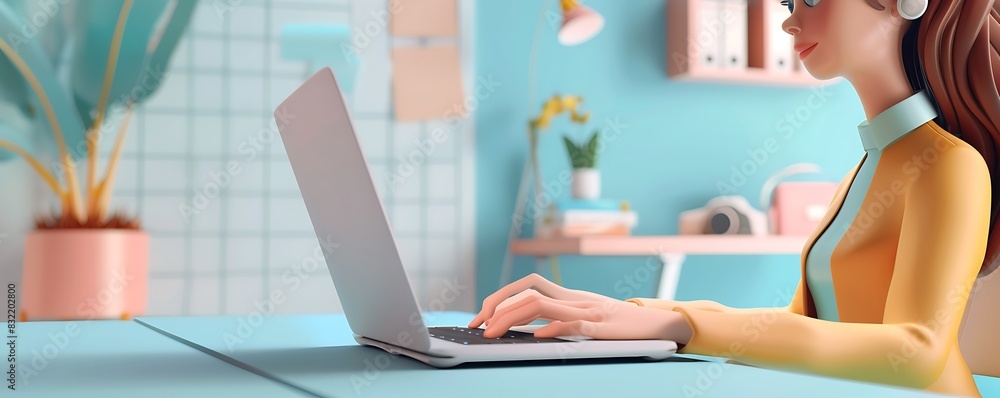 3D woman character typing on a laptop, with an office background ...