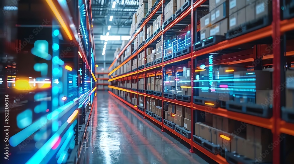 Inventory Analysis A 3D warehouse with floating data analytics on ...