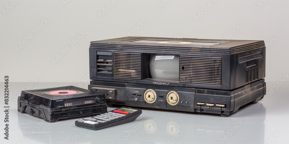 Classic VHS player with tapes and remote control, isolated white ...