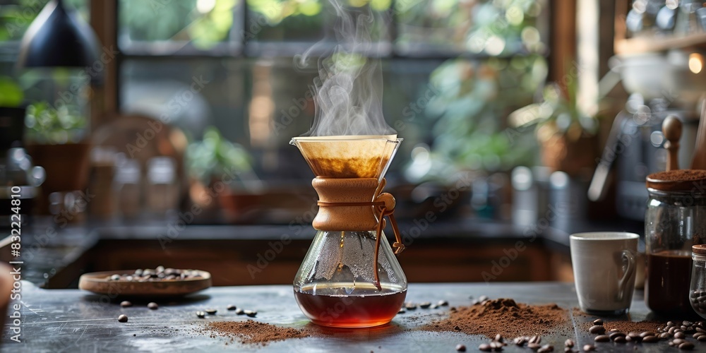 Brewing coffee by pouring hot water over a filter in a vintage coffee ...