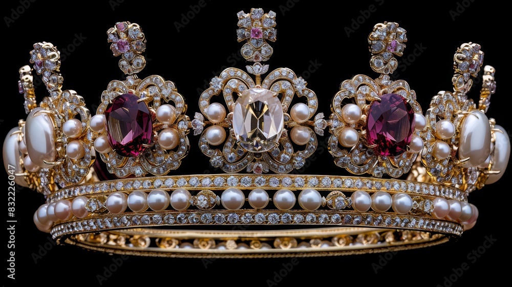 Royal coronation crown on black background with red velvet symbolizes ...