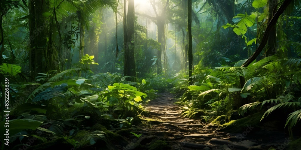 Lush tropical forest with tall trees underbrush and diverse plants ...
