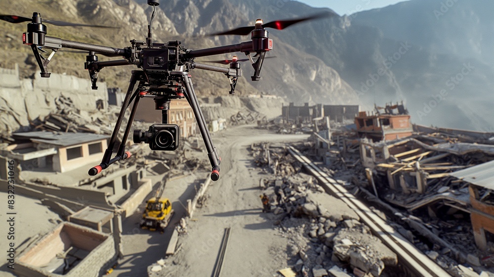 A disaster assessment drone mapping damage after an earthquake, with a ...