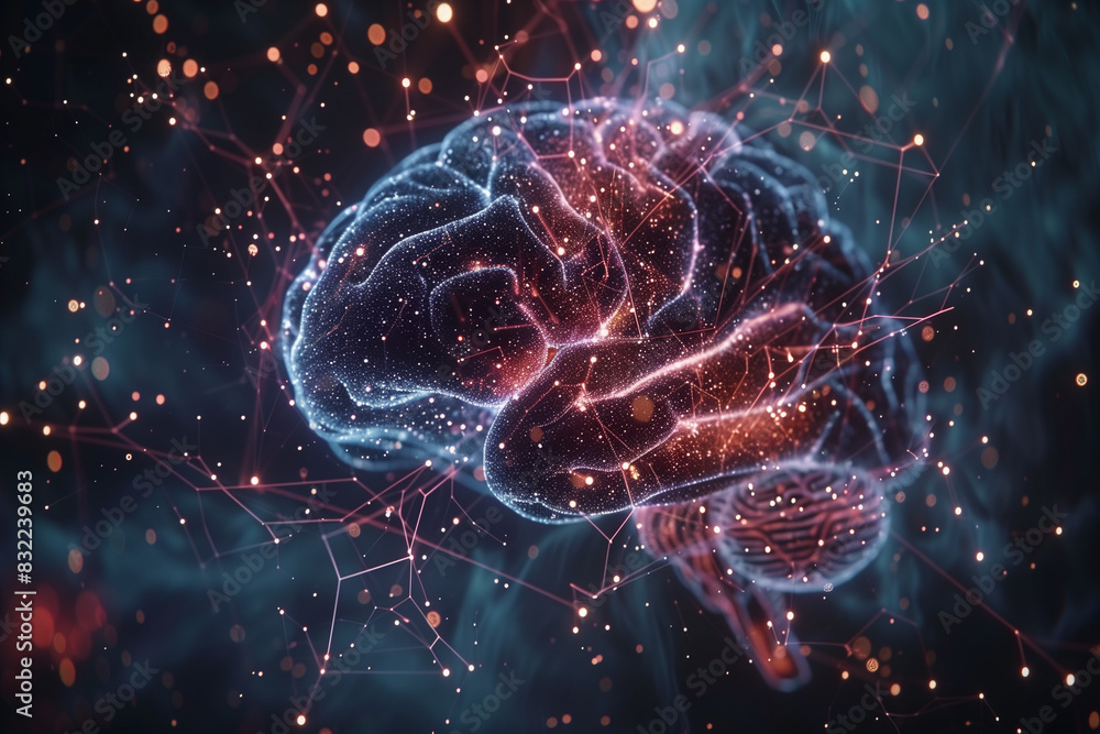 Brain cell conection. Brain with neural connections. Hologram ...