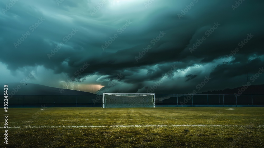Ominous dark clouds loom over empty soccer stadium, goalposts standing ...