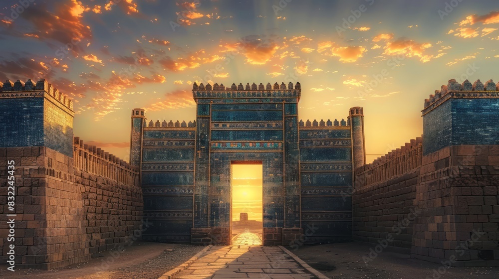 Poster, Foto Ancient city of babylon ruins with ishtar gate's vibrant ...