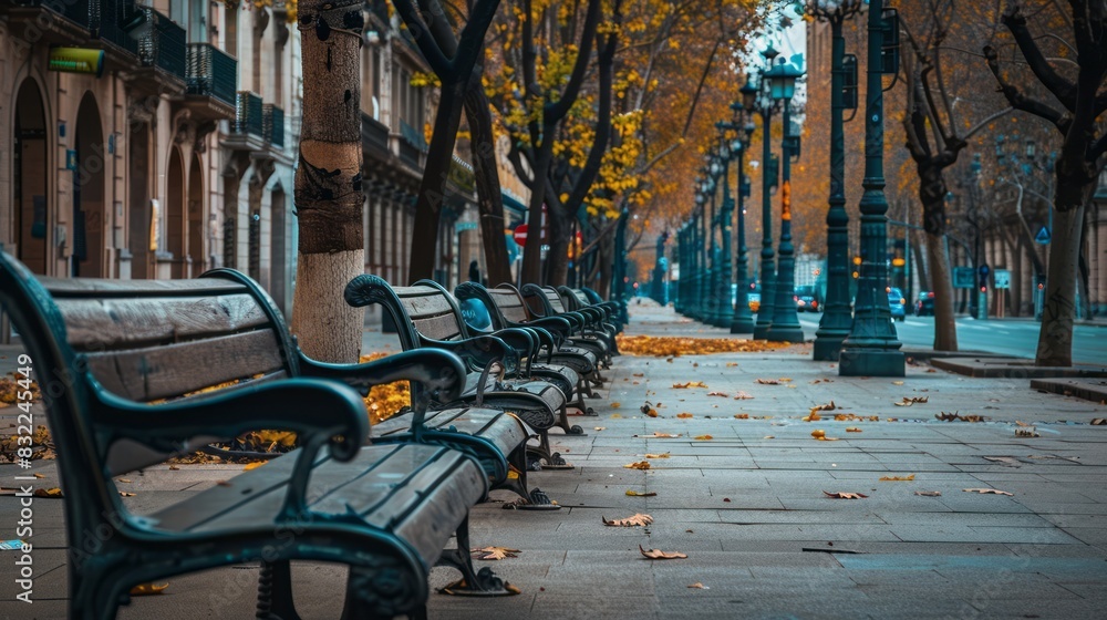 Empty city streets with rows of empty benches and lamp posts adorned ...