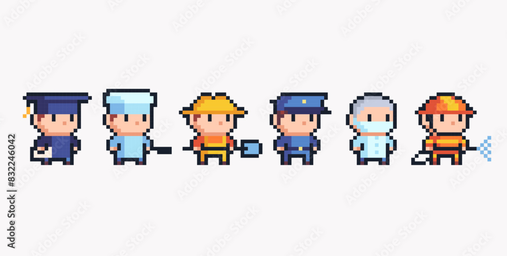 Different professions chibi human figures pixel art set. Adorable ...