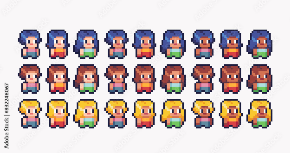 Chibi cute human figure pixel art set. Adorable kawaii character, male ...