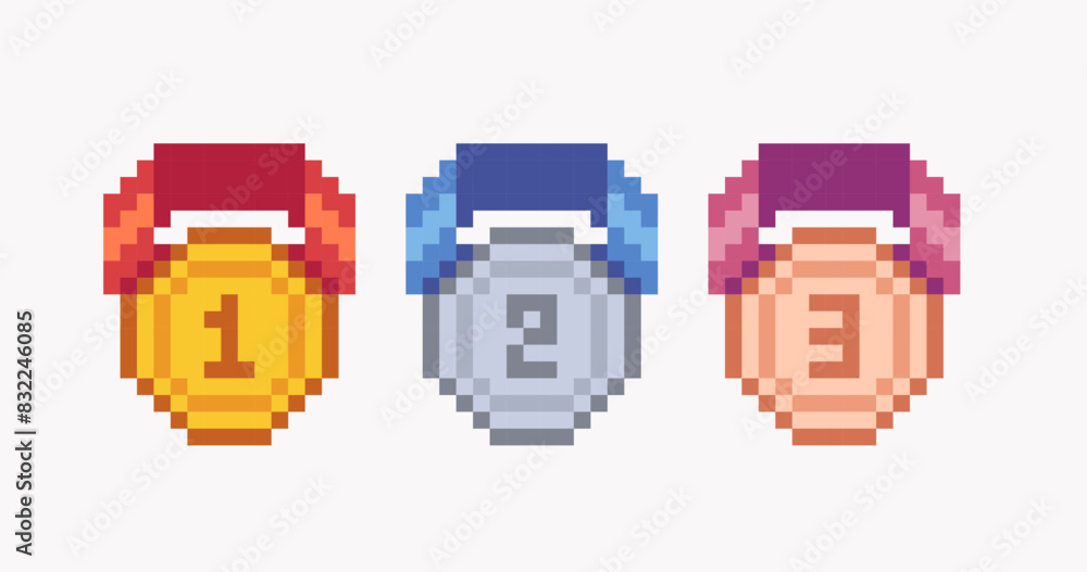 Gold, silver and bronze medal pixel art set. Winner trophy, prize ...