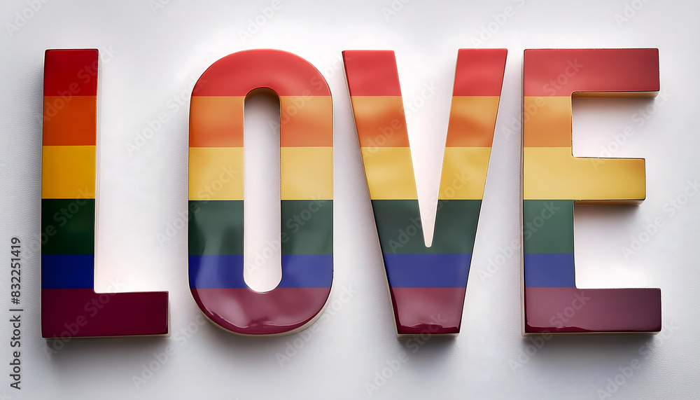 The word 'LOVE' is displayed in bold, 3D letters with a rainbow color ...