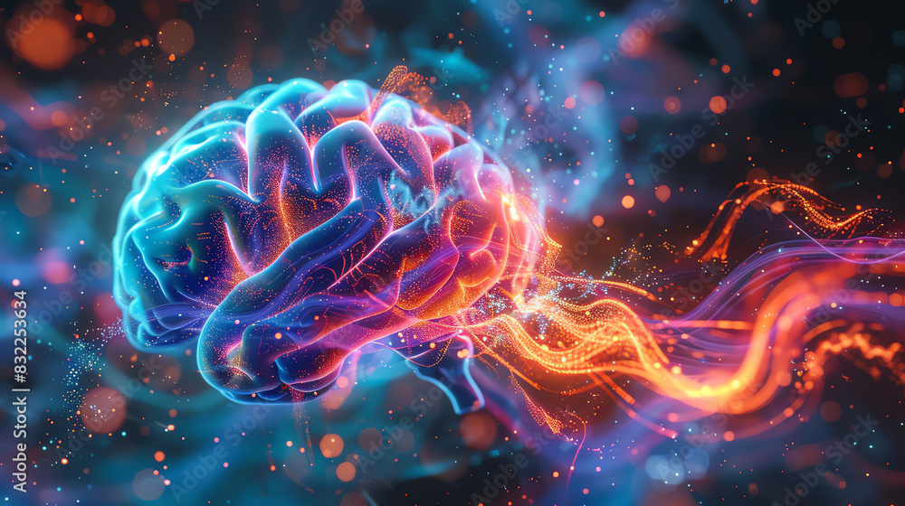 An illustration of a brain with a blue and purple color scheme. The ...