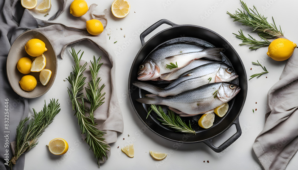 Top view of fresh fish in pan with lemon and rosemary on rustic white ...