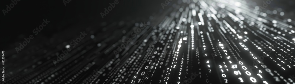Futuristic black-and-white image of digital data streams and binary code representing technology ...