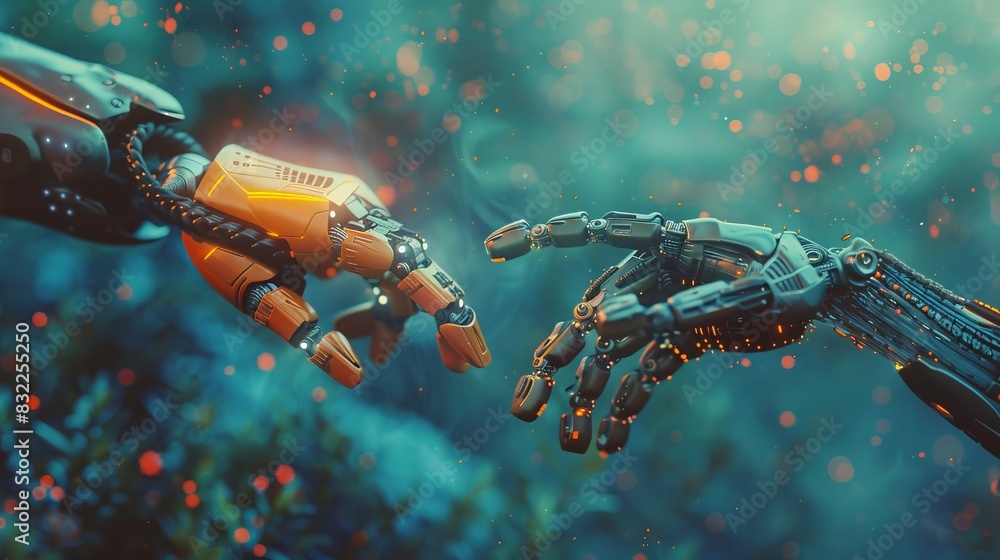 The technological transition is vividly captured as a human and robot ...