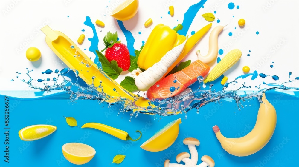 fresh multi fruits and vegetables splashing into blue clear water ...