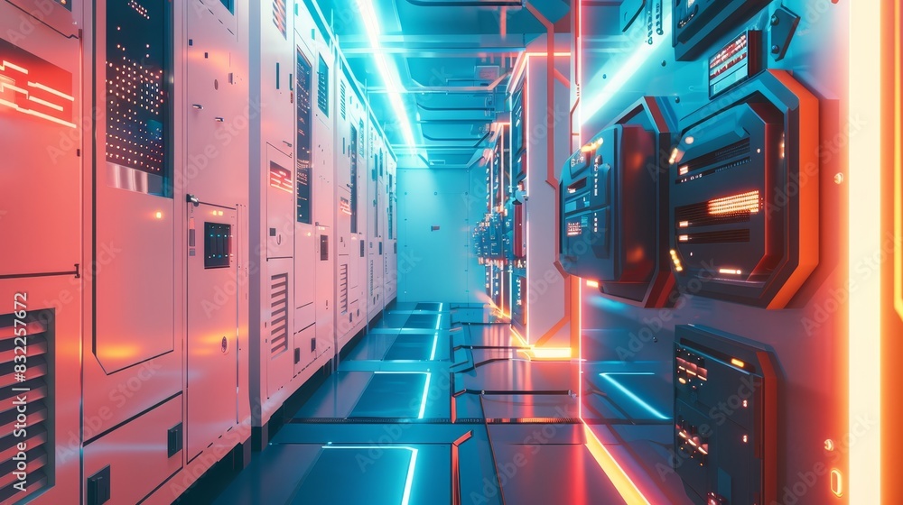 Modern futuristic server room with colorful LED lights, nodes, and ...