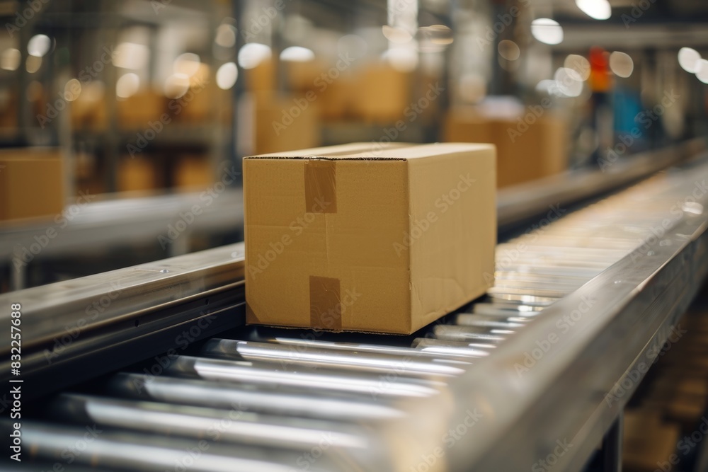 dynamic scene as multiple cardboard box packages smoothly traverse ...