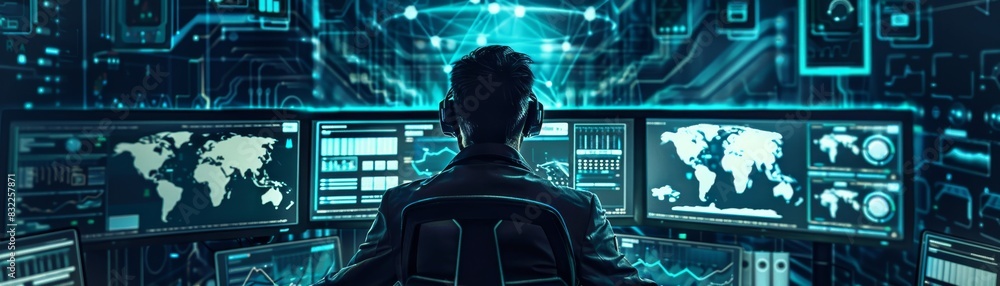 Person Monitoring Global Cybersecurity Threats In A High Tech Control Room With Multiple Screens
