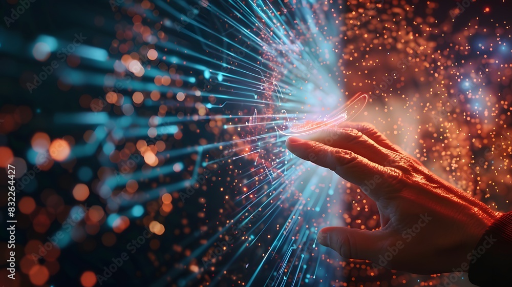 Hand touching a spinning data flow, data flow processing visualization background Stock ...