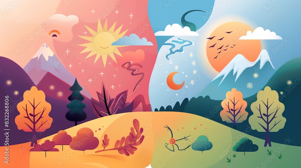 Seasonal weather changes infographic flat design side view climate ...