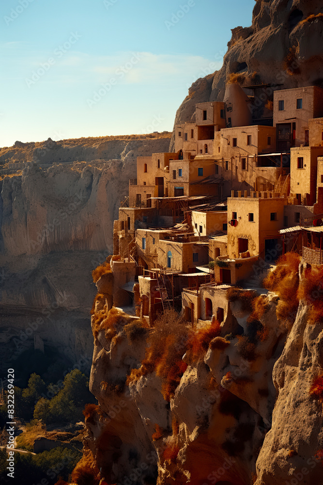 A rustic cliffside village with earthen architecture under a clear sky ...